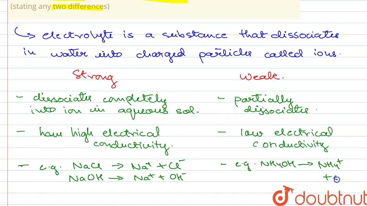 Differentiate between the terms strong electrolyte and weak electrolyt
