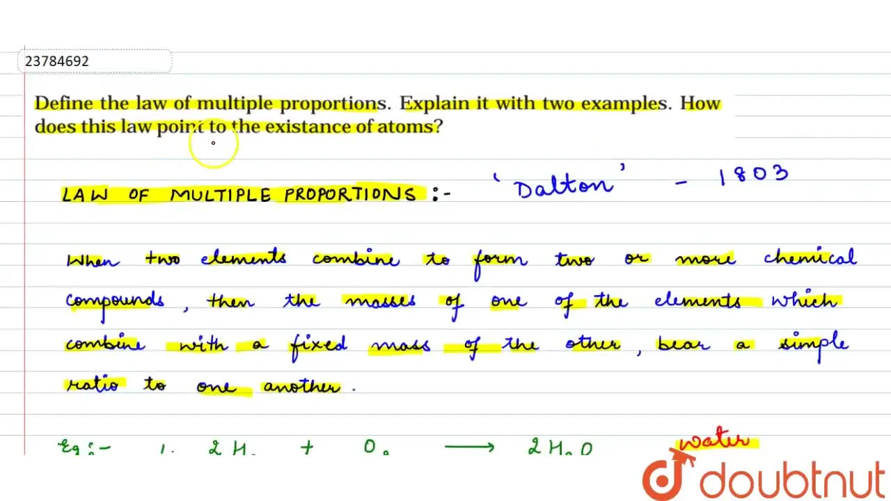 Define the law of multiple proportions, Explain it with two examples.