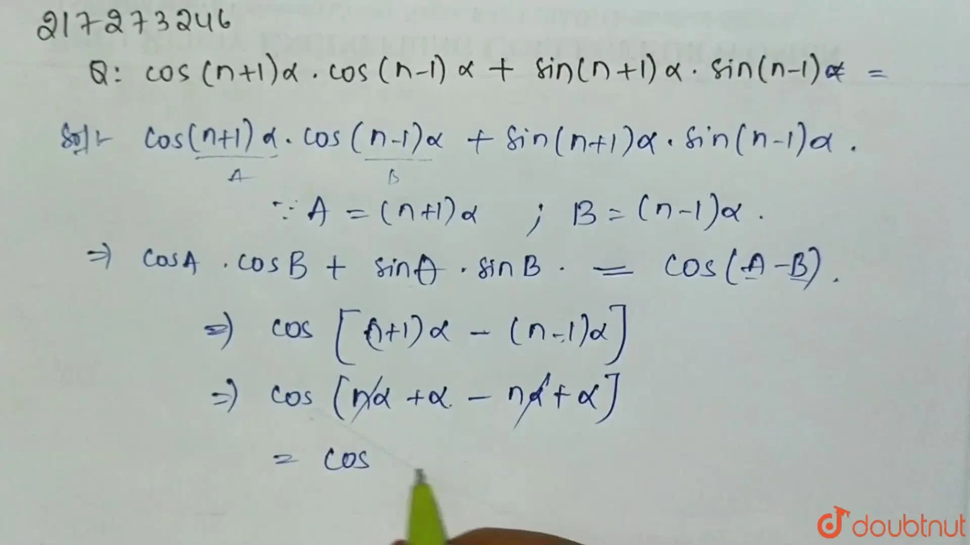 [Telugu] cos(n+1) alpha * cos(n-1)alpha + sin (n+1)alpha * sin (n-1) a