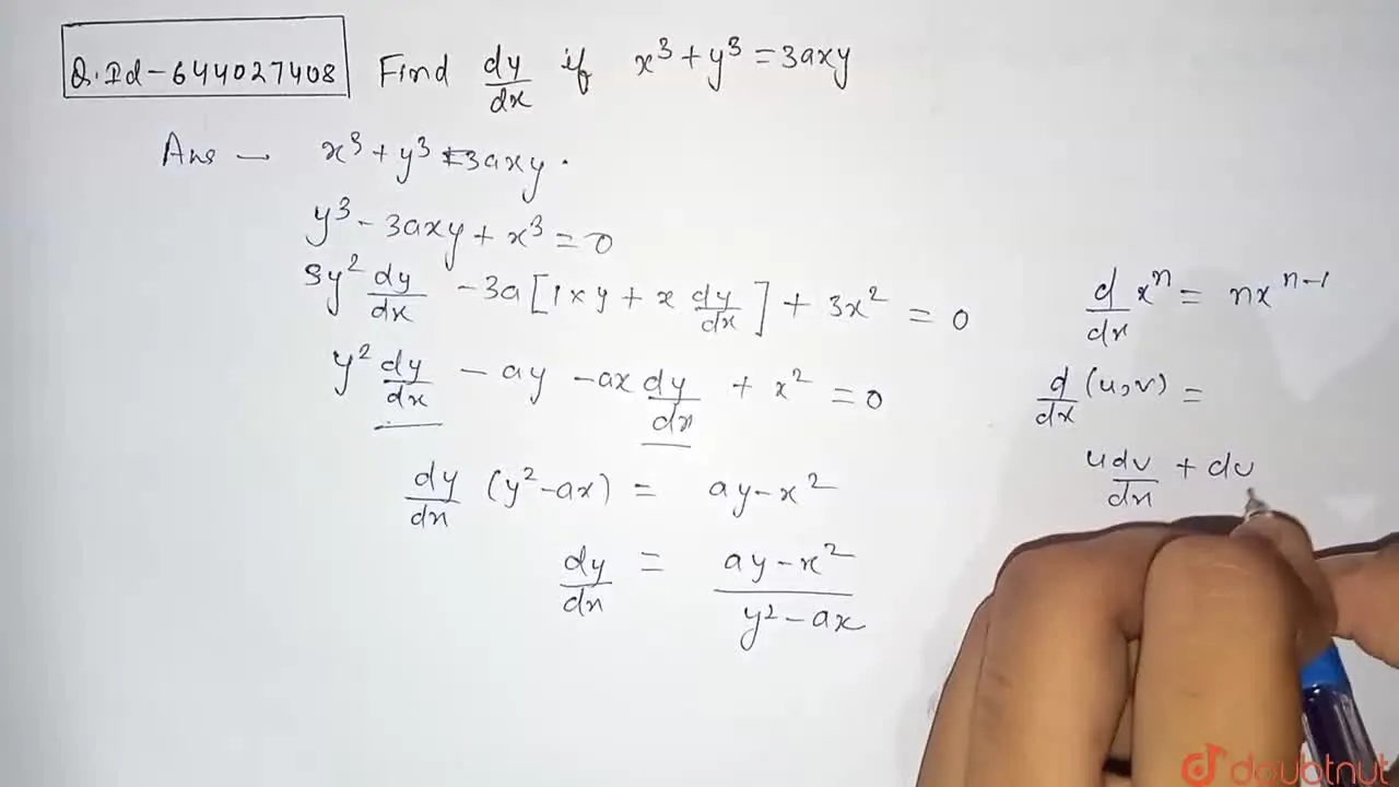 Find dy/(dx) if x^(3)+y^(3)=3axy