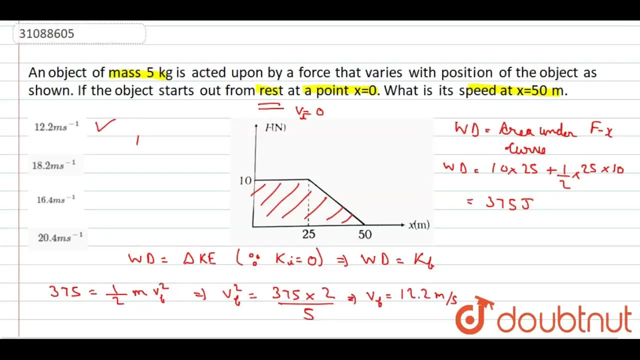 An object of mass 5 kg is acted upon by a force that varies with posit