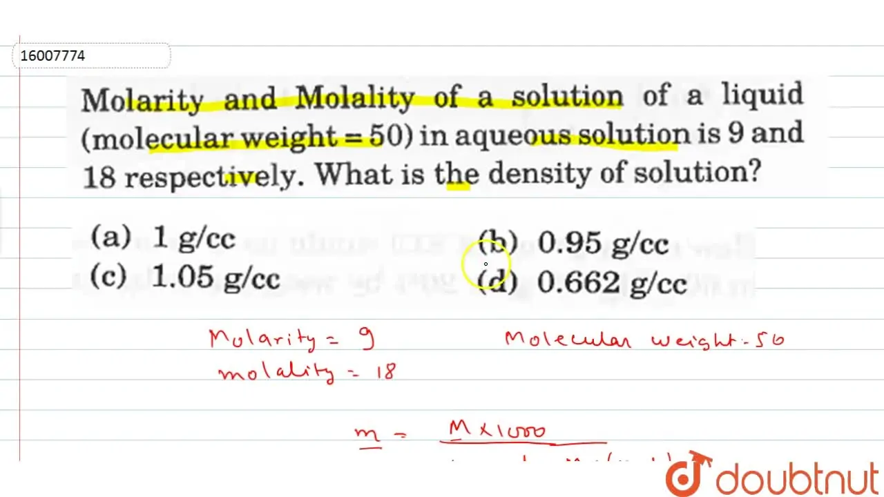 Molarity and Molality of a solution of a liquid (molecular weight = 50