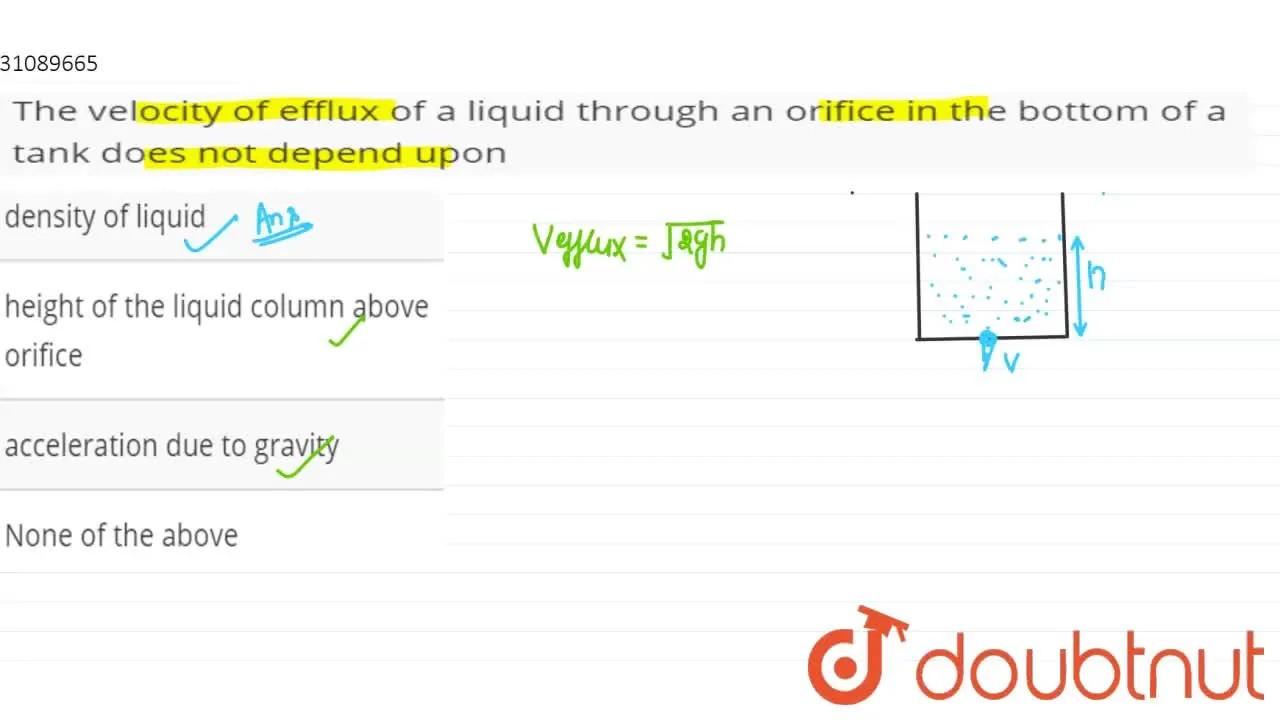 The velocity of efflux of a liquid through an orifice in the bottom of