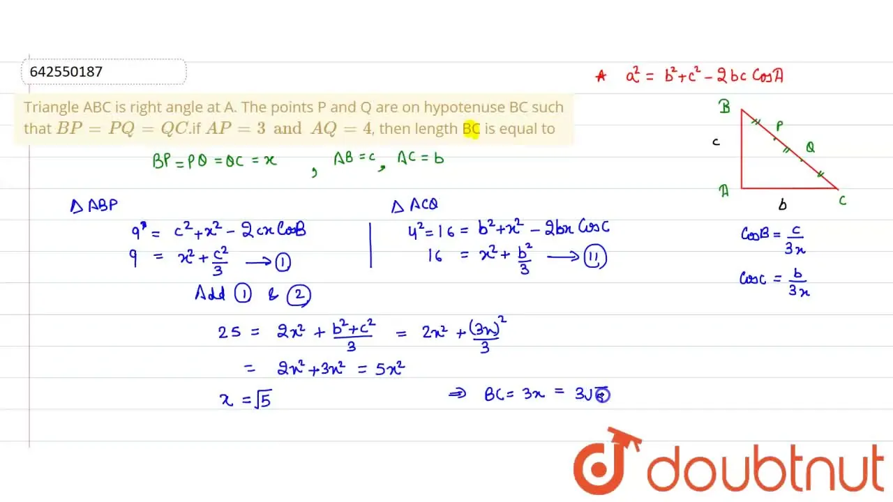 Triangel ABC is right angles at A. The points P and Q are on hypotenus