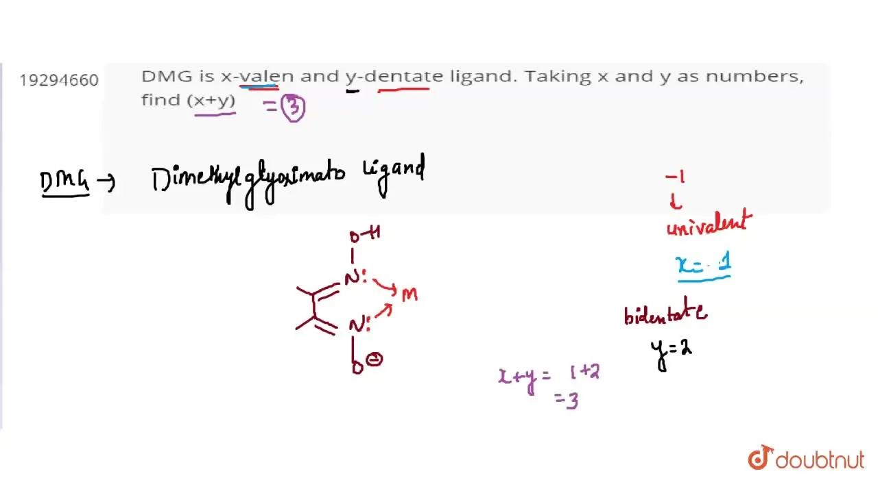 DMG is x-valen and y-dentate ligand. Taking x and y as numbers, find