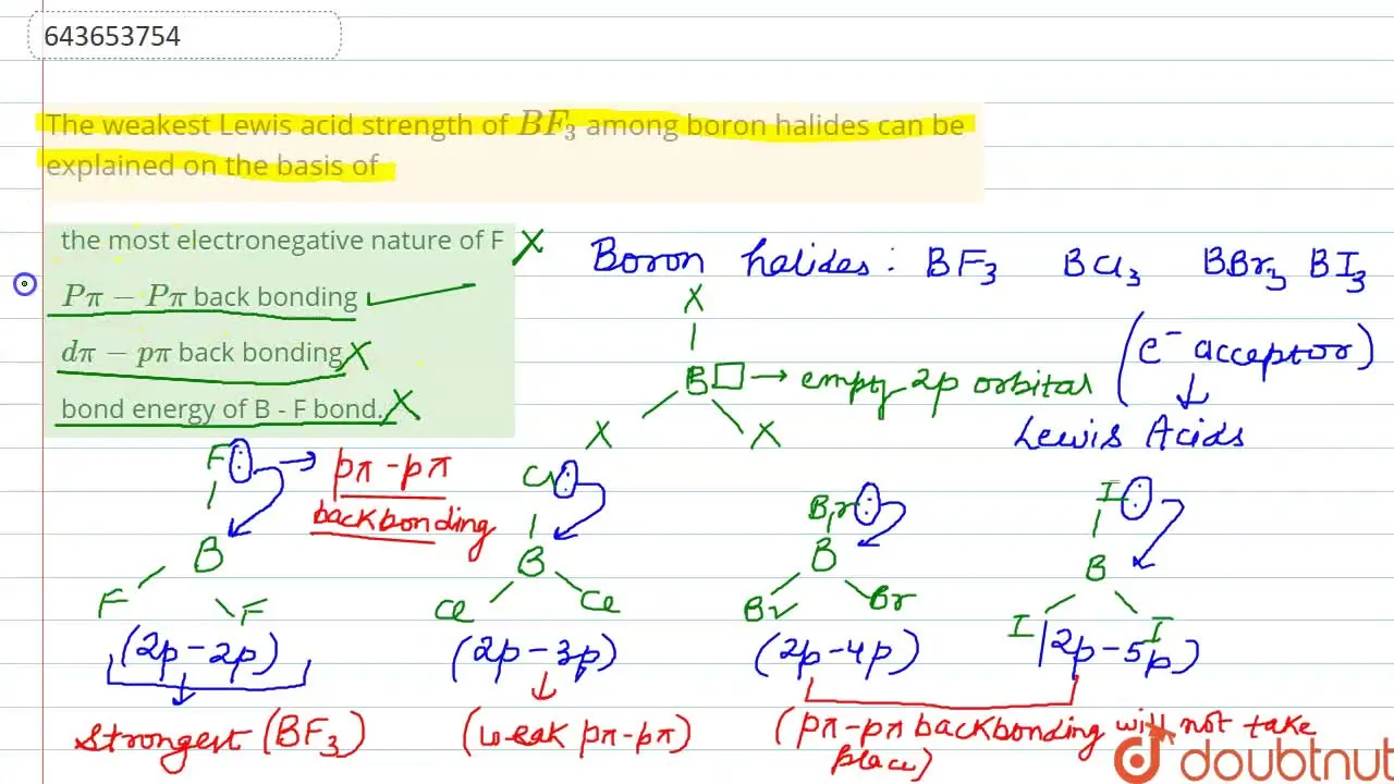 The weakest Lewis acid strength of BF3 among boron halides can be expl