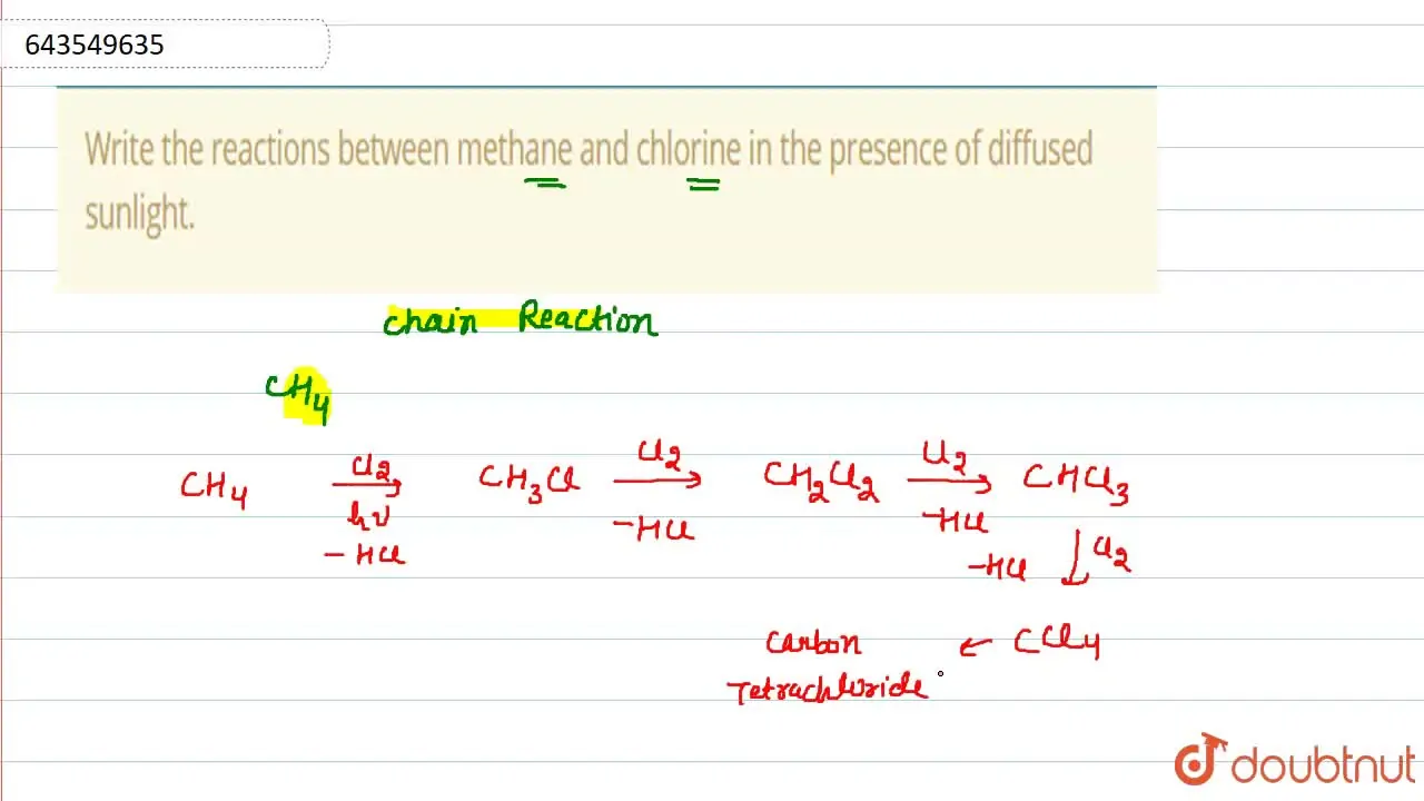 Write the reactions between methane and chlorine in the presence of di