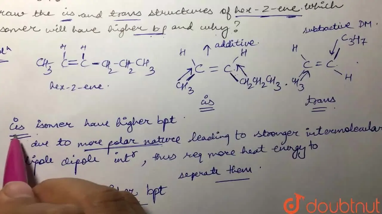 Draw the cis and trans structures of hex-2-ene. Which isomer will have