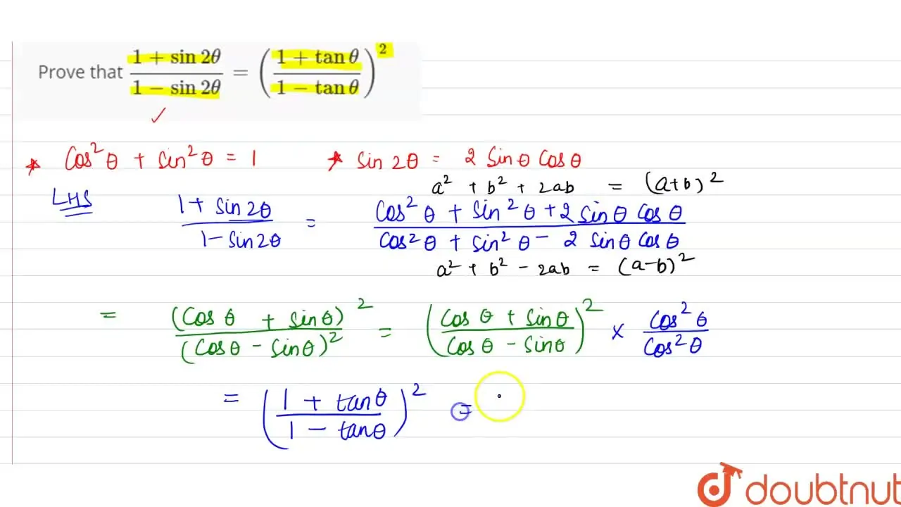 Prove that (1+sin2theta)/(1-sin2theta)=((1+tantheta)/(1-tan theta))^(2