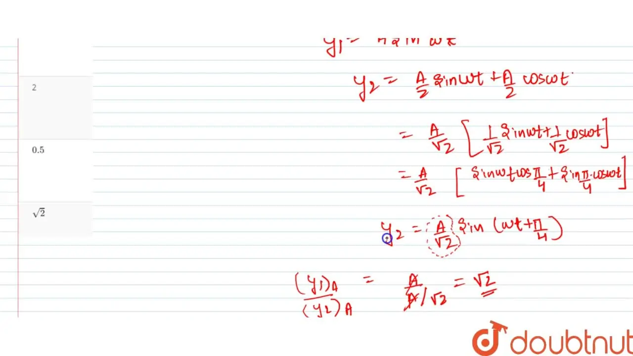 Equations y(1) =A sinomegat and y(2) = A/2 sin omegat + A/2 cos omeg