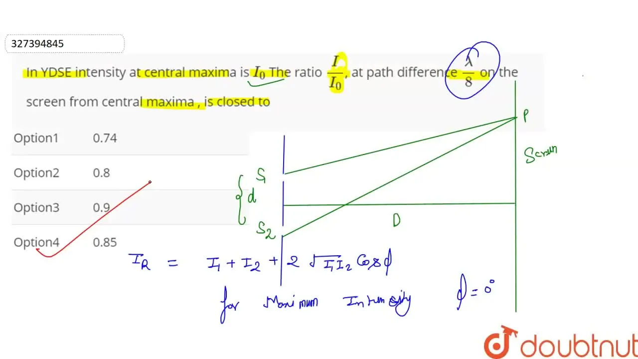 In YDSE intensity at central maxima is I0 The ratio I/I0, at path di