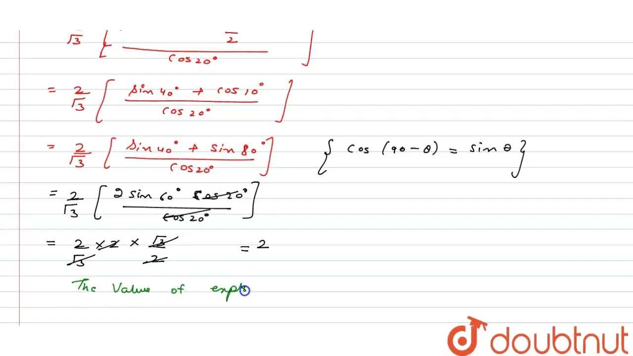 Find the value of the expression (sin20^(@)(4 cos20^(@)+1))/(cos20^(@)