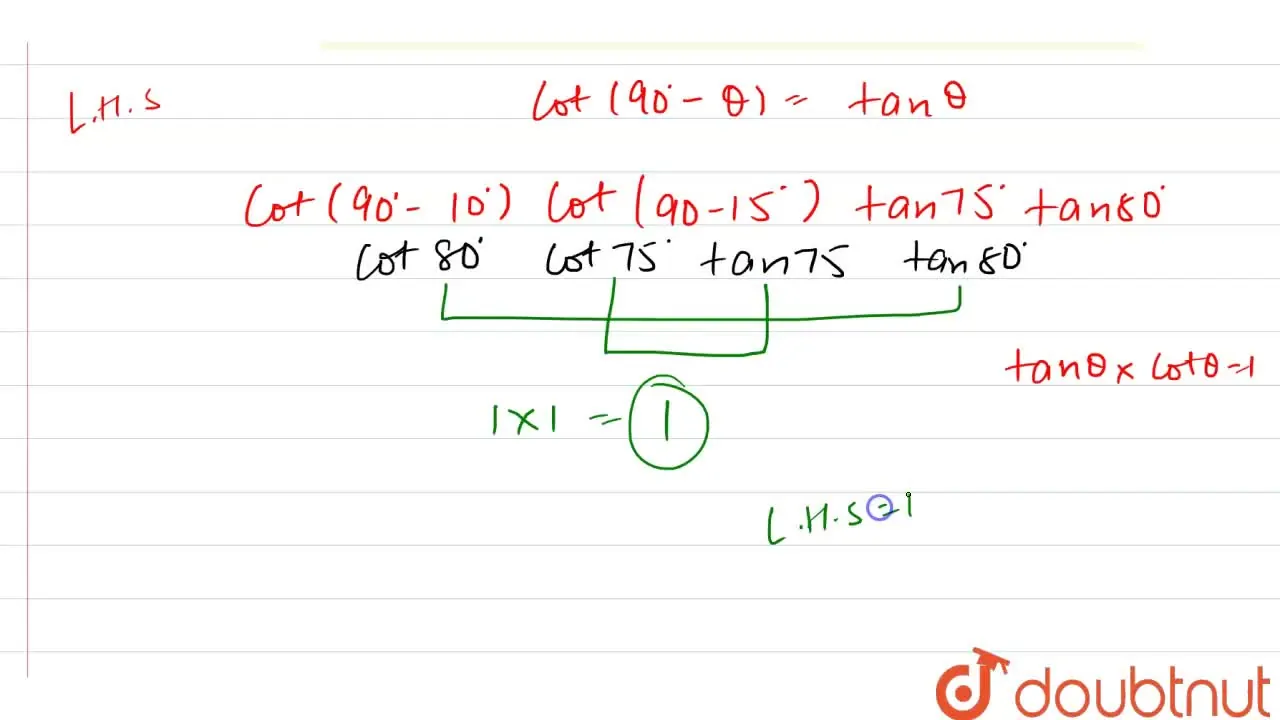 Show that: tan 10^(@)tan 15^(@) tan 75^(@)tan 80^(@)=1