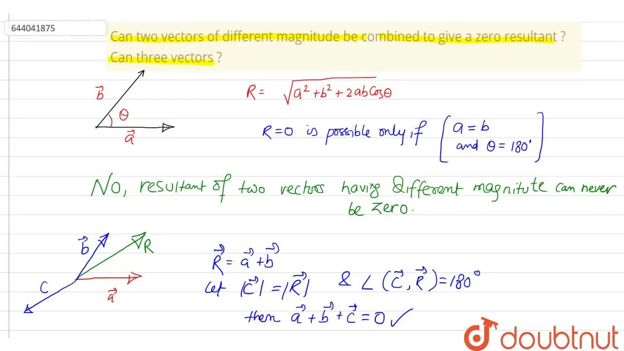 Can two vectors of different magnitude be combined to give a zero r