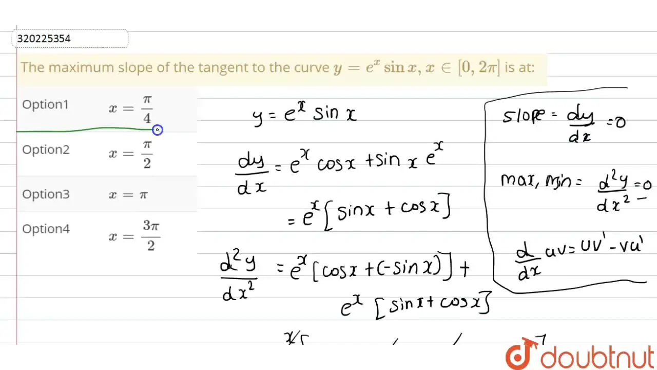 [Tamil] The maximum slope of the tangent to the curve y = e^(x) sin x,