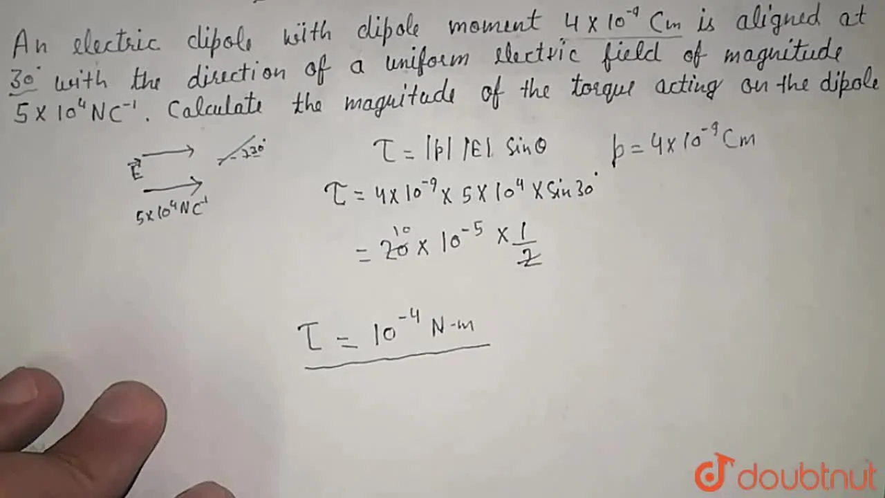 An electric dipole with dipole moment 4 xx 10^(–9)C m is aligned at 30