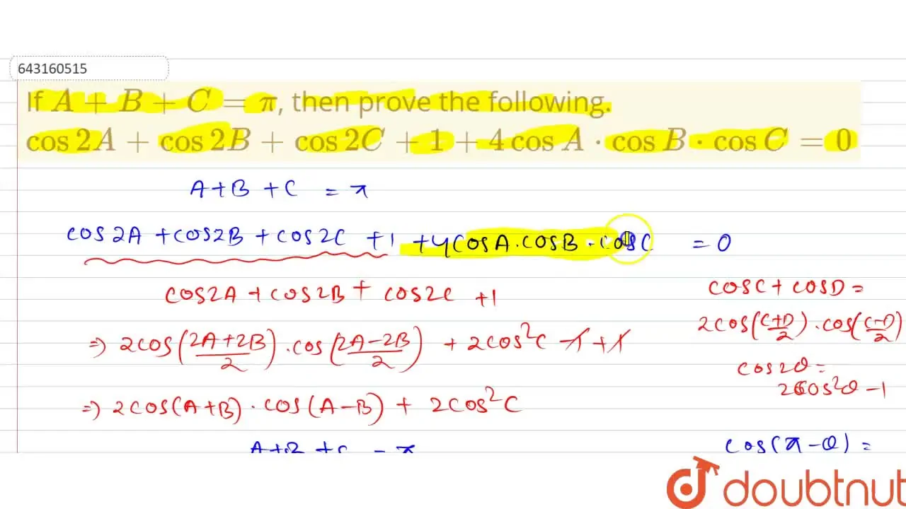 [Odia] If A+B+C=pi, then prove the following. cos2A+cos2B+cos2C+1+4c