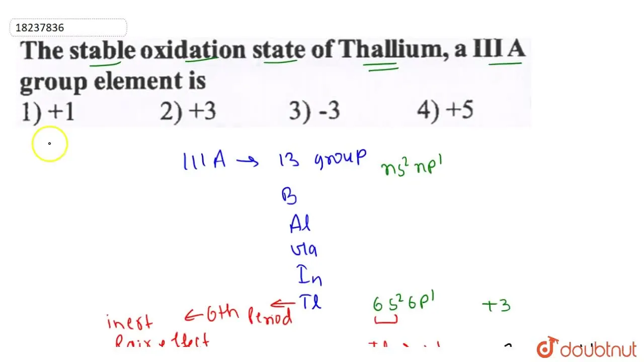 The stable oxide state of Thallium, a III A group element is