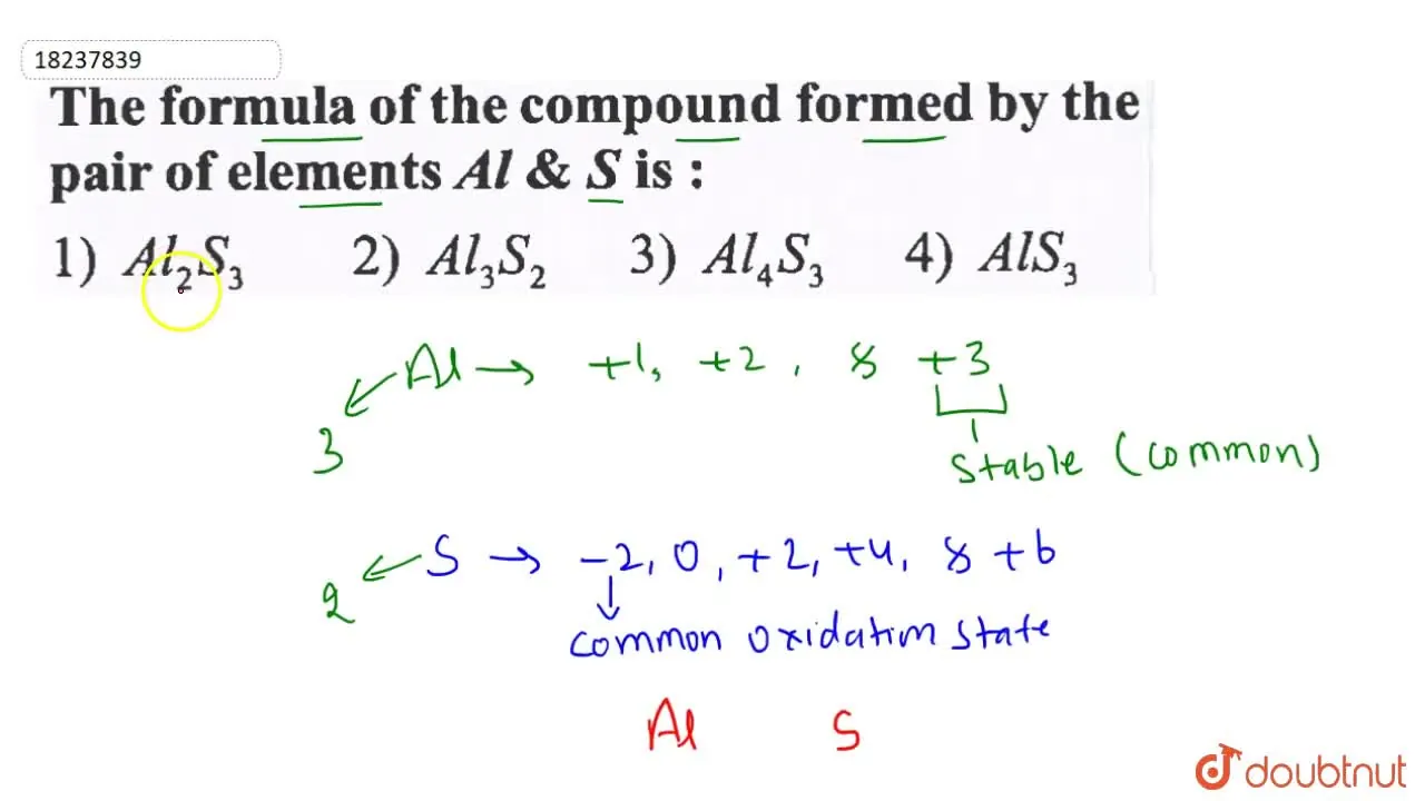 The formula of the compound formed by the pair of elements Al & S is:
