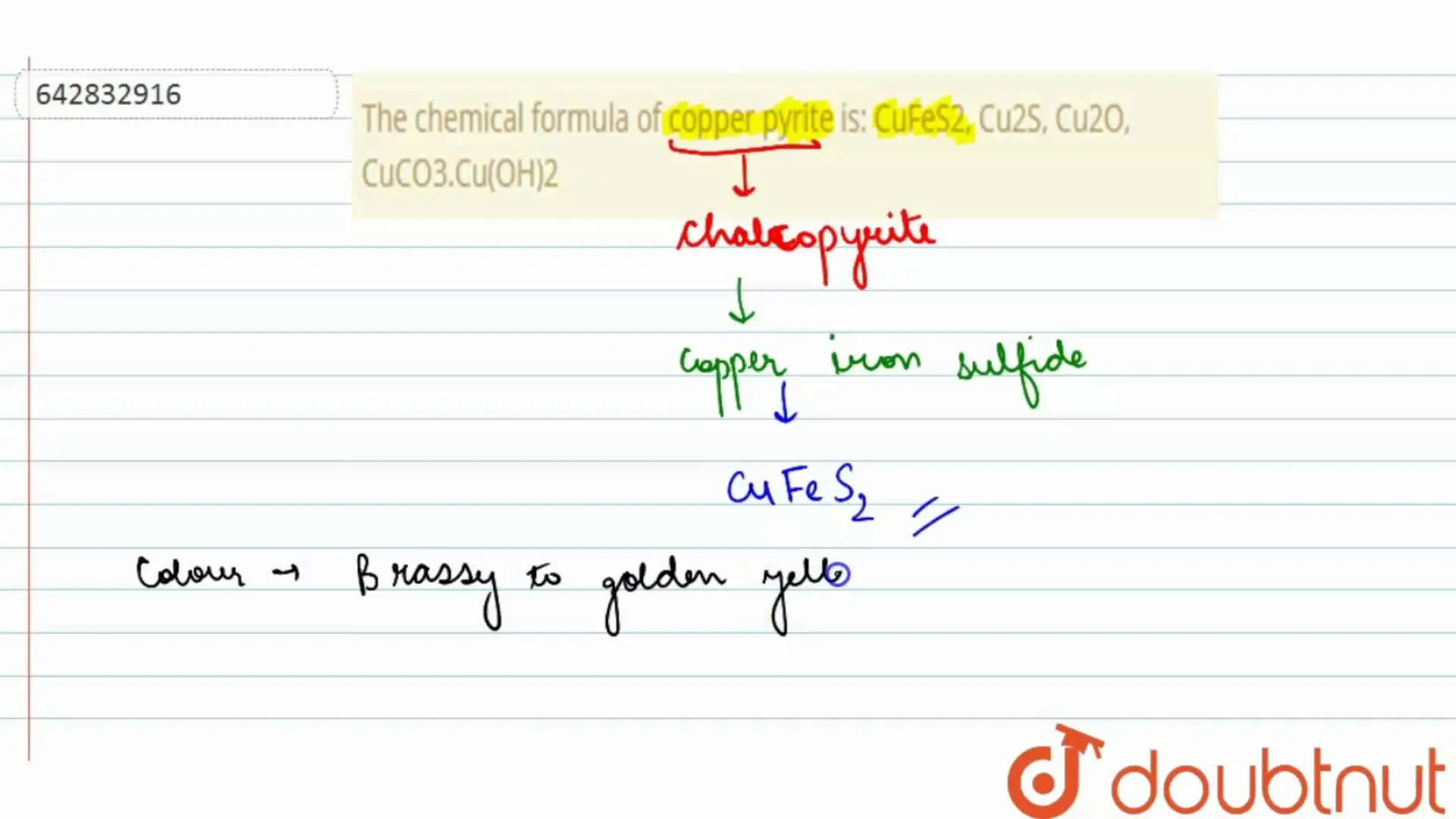 [Punjabi] The chemical formula of copper pyrite is: CuFeS2, Cu2S, Cu2O