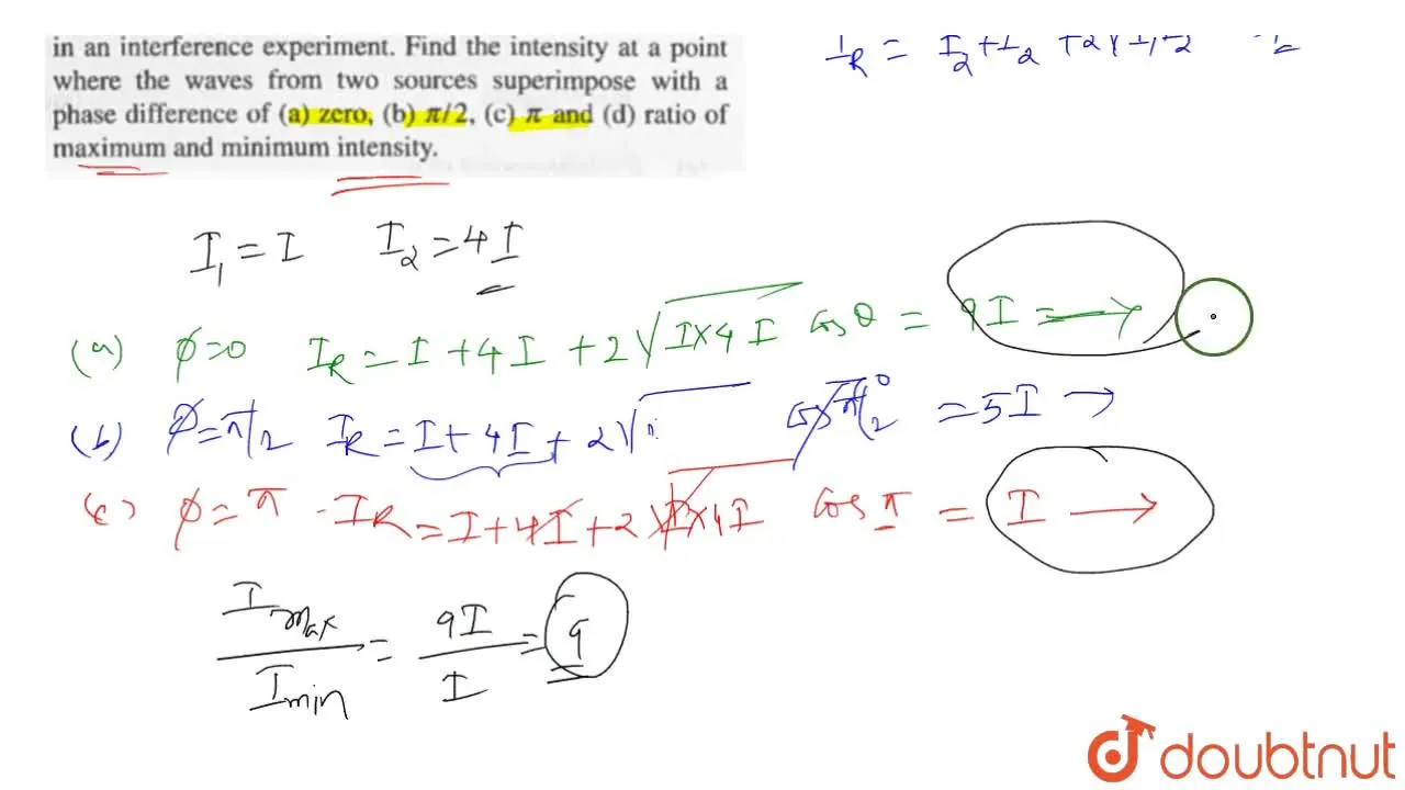 Two sources of intensity I and 4I are used in an interference experime