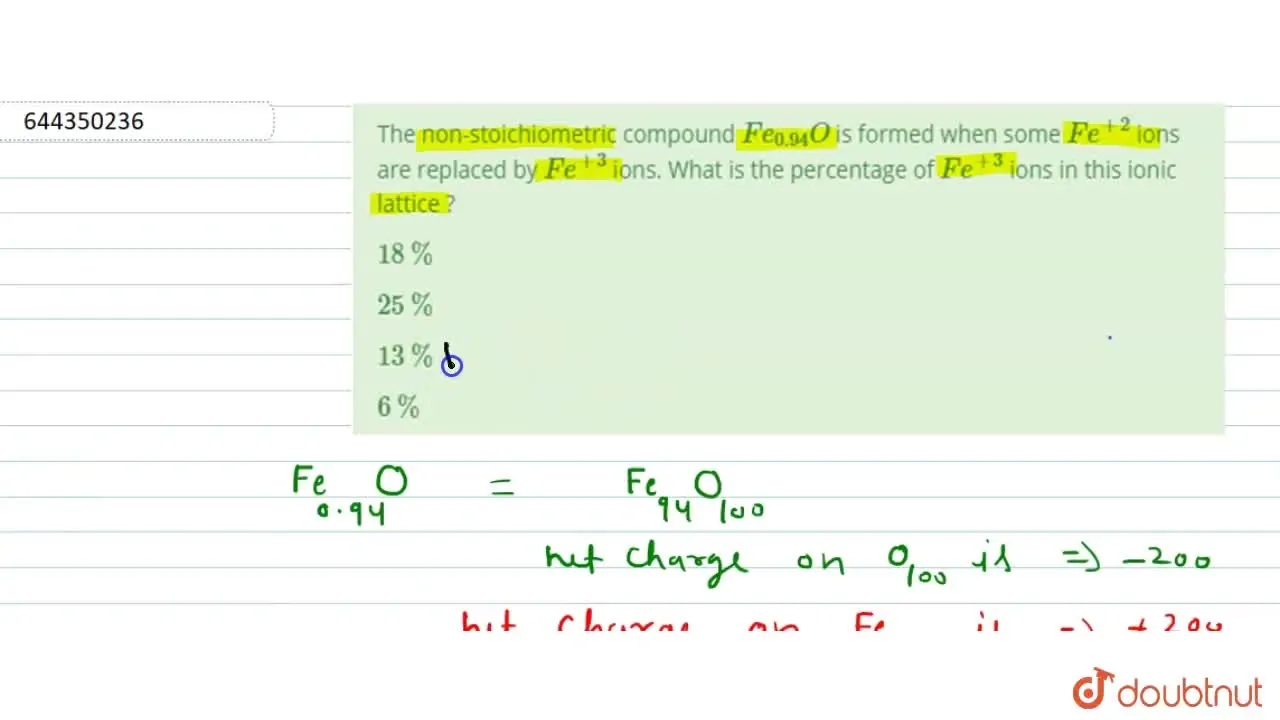 The non-stoichiometric compound Fe0.94O is formed when some Fe^(+2) io