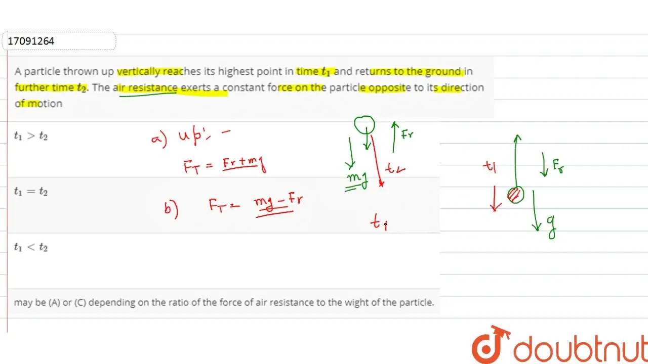 A particle thrown up vertically reaches its highest point in time t(1)