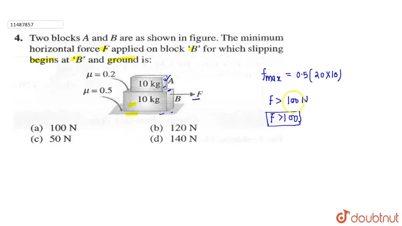 Two blocks A and B are shown in figure. The minimum horizontal force F
