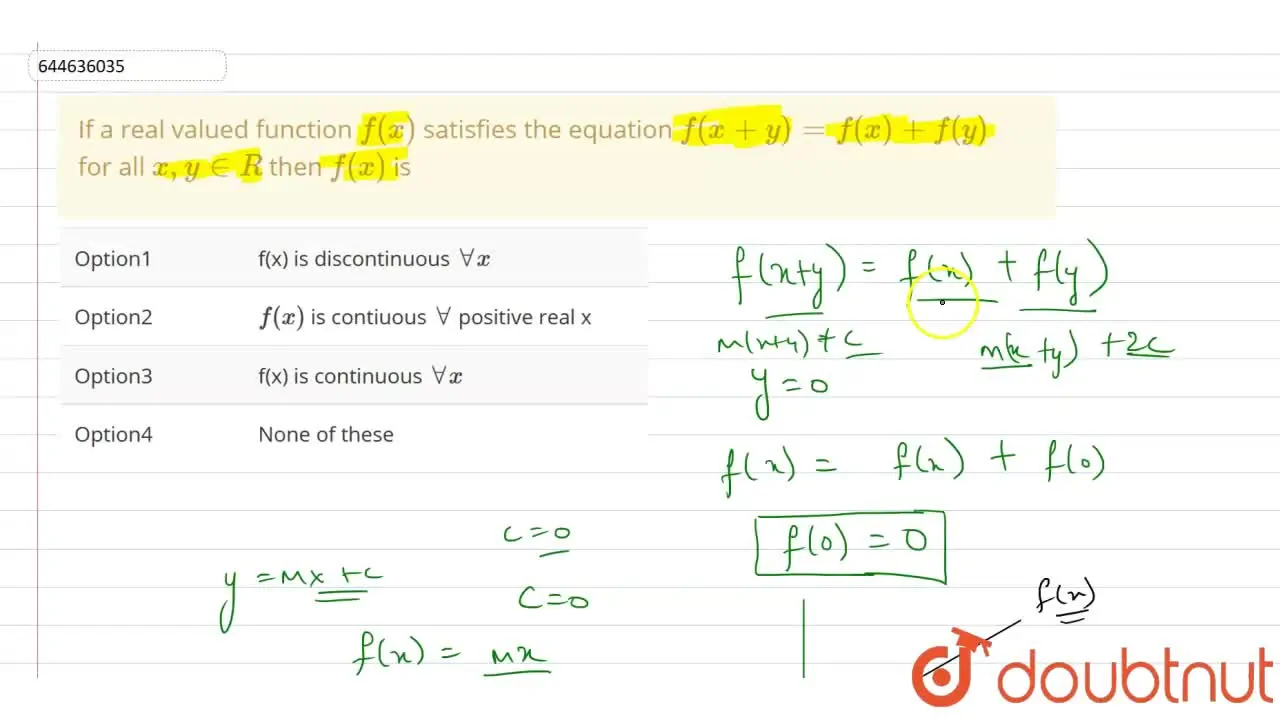 Let a function f:RtoR satisfy the equation f(x+y)=f(x)=f(Y)AAx, yepsil