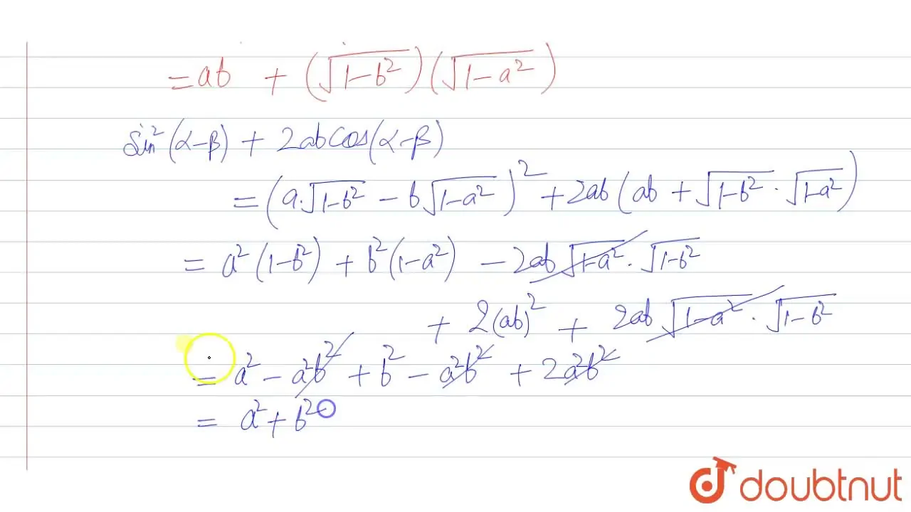 If cos(theta-alpha)=a and cos(theta-beta)=b then the value of sin^(2)(
