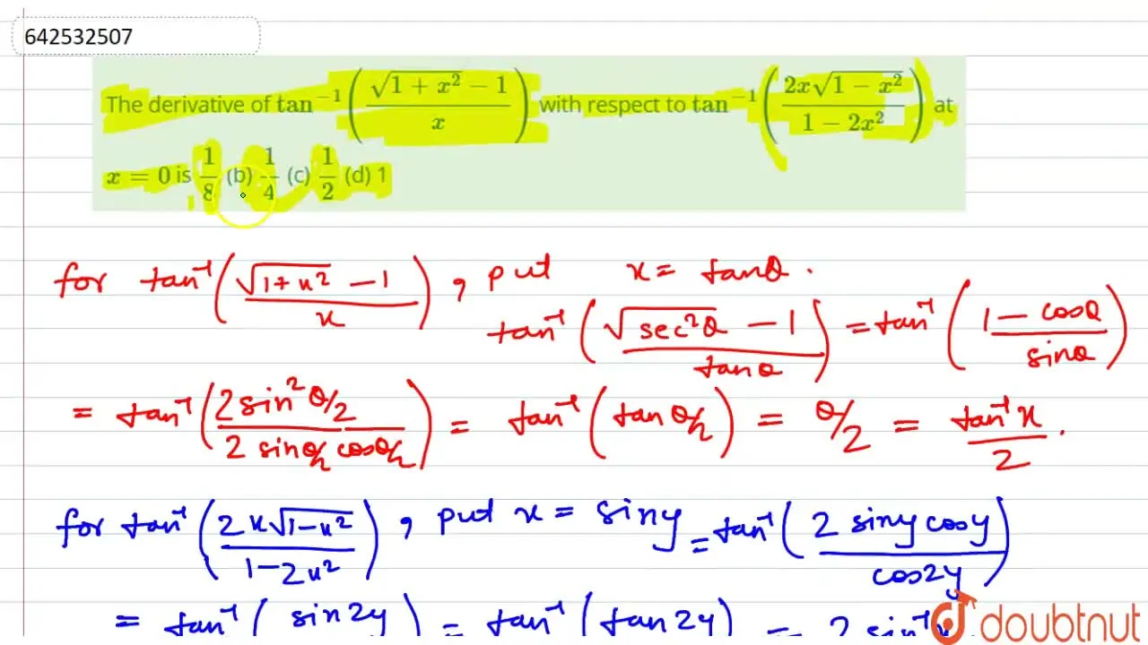 The derivative of tan^(-1)((sqrt(1+x^2)-1)/x) with respect to tan^(-1)
