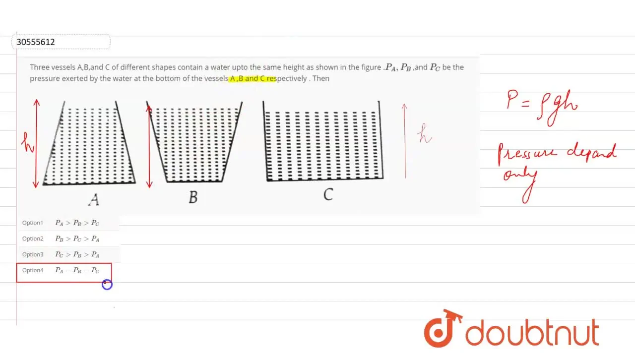 Three vessels A,B,and C of different shapes contain a water upto the s