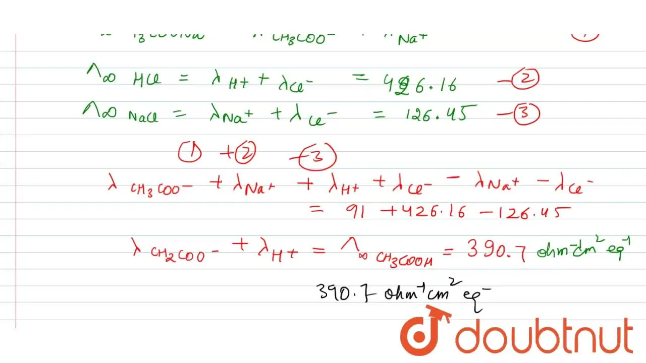 The equivalent conductances of sodium chloride, hydrochloric acid and