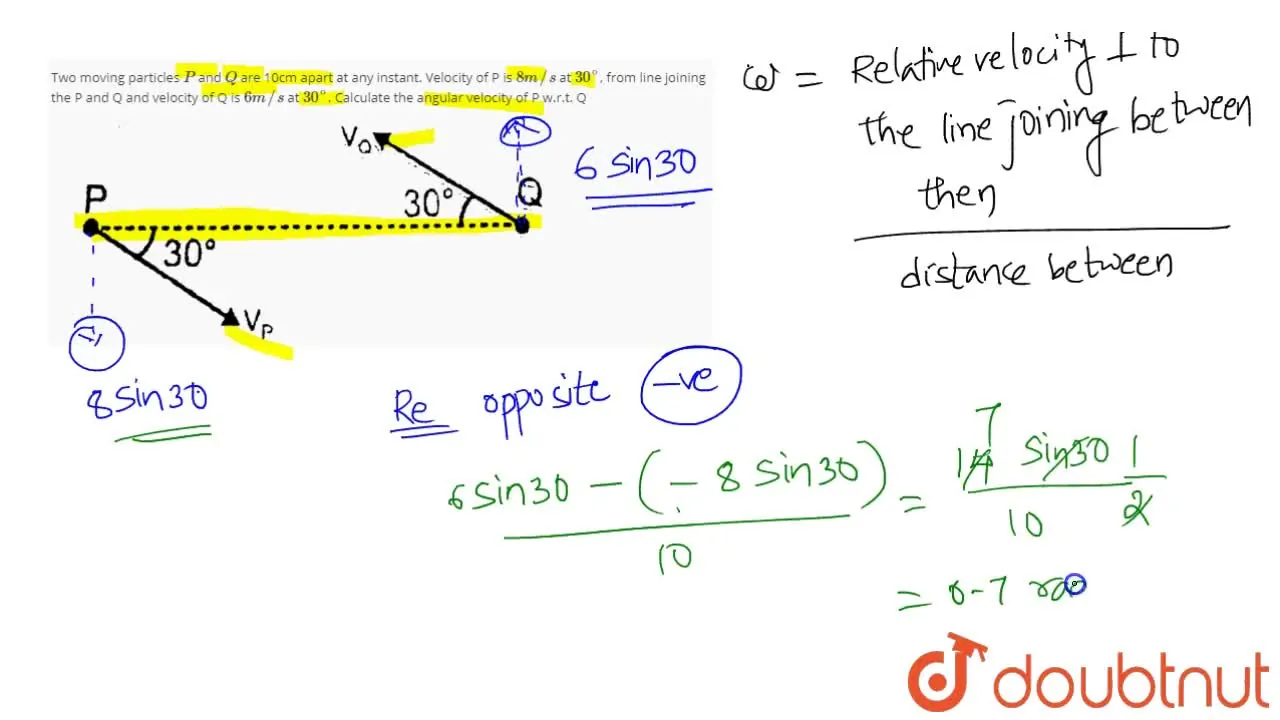 Two moving particles P and Q are 10cm apart at any instant. Velocity