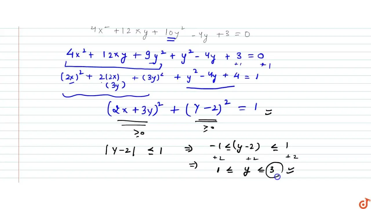 Find the minimum and maximum values of y in 4x^2 + 12xy + 10y^2-4y + 3