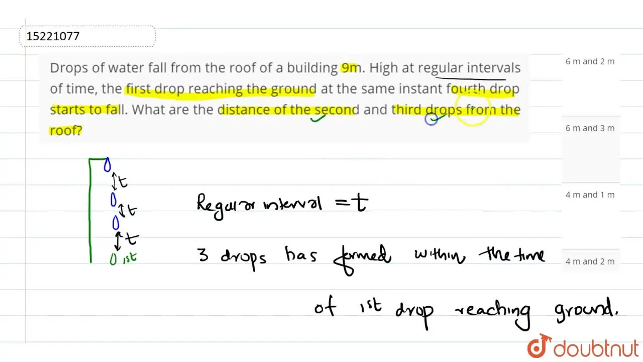 Drops of water fall from the roof of a building 9m. High at regular in