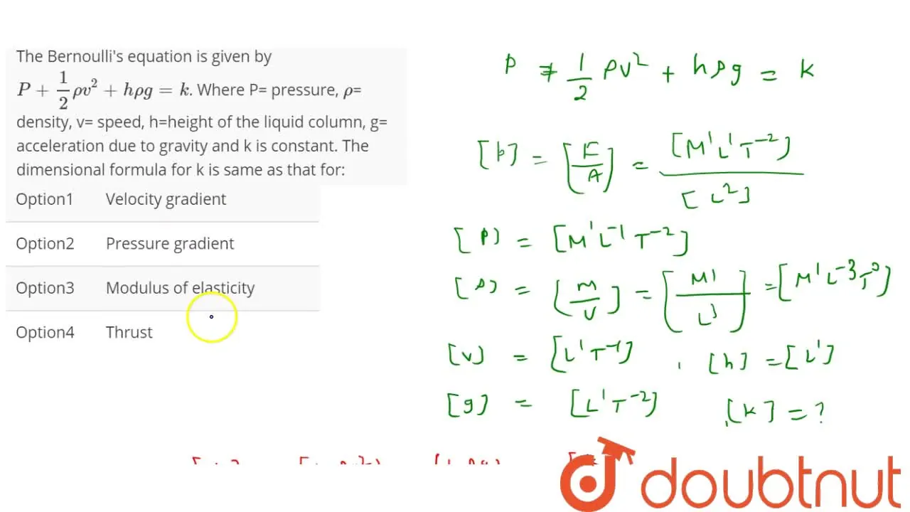 The Bernoulli's equation is given by P+1/2 rho v^(2)+h rho g=k. Where
