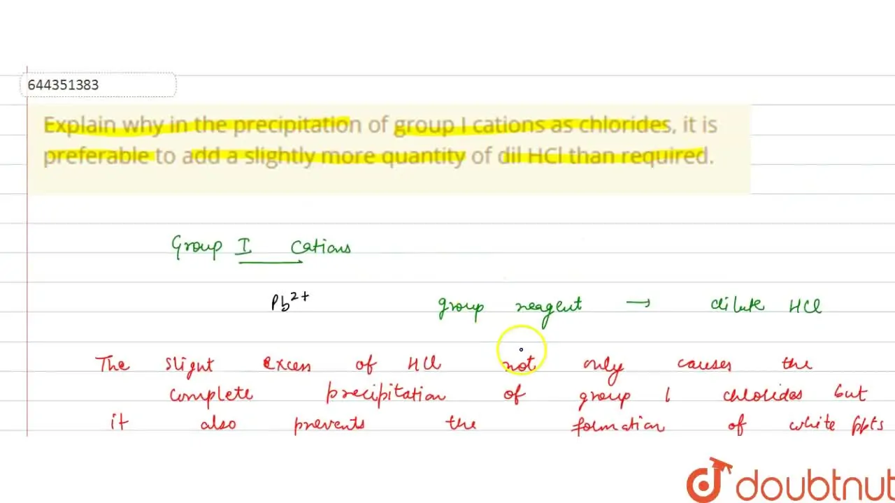 Explain why in the precipitation of group I cations as chlorides, it i