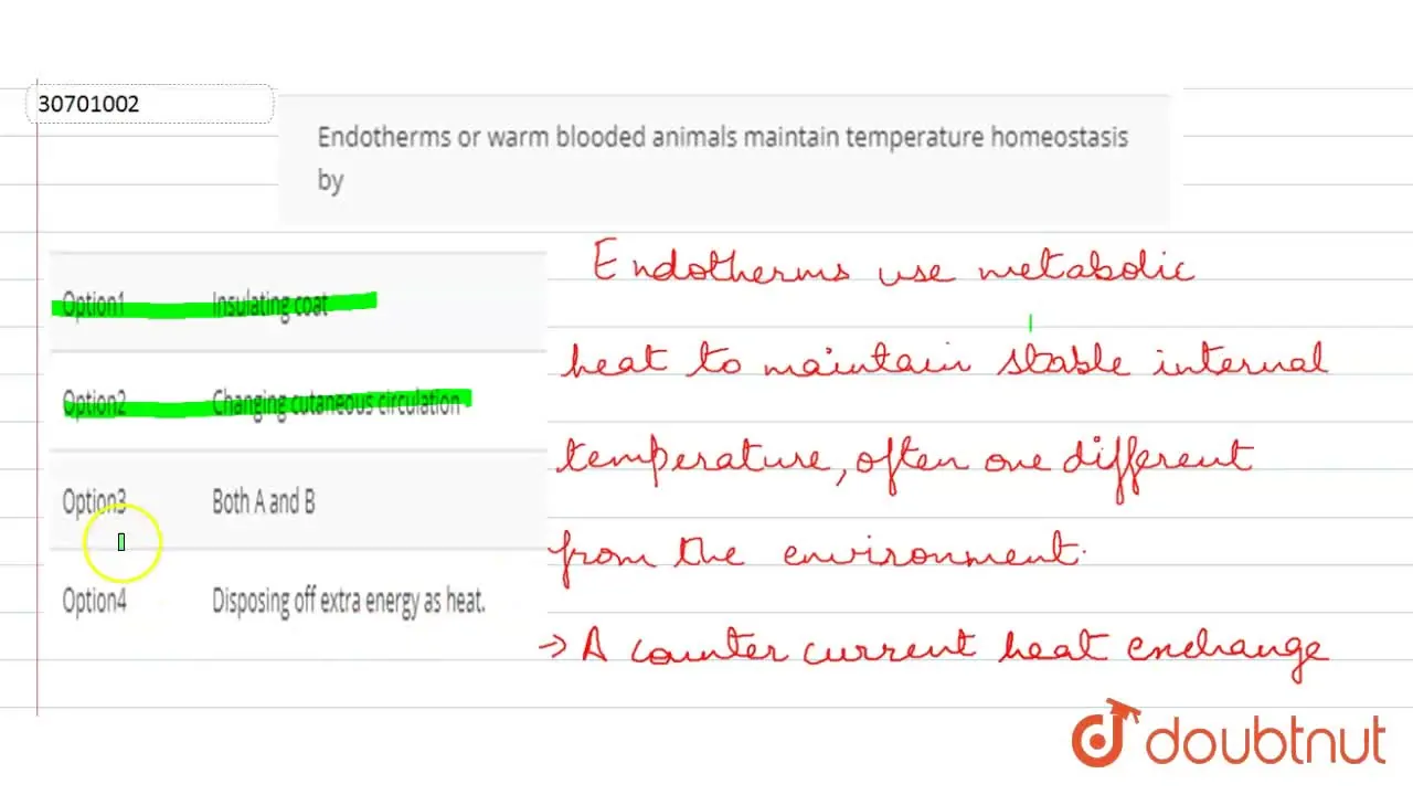 Endotherms or warm blooded animals maintain temperature homeostasis by
