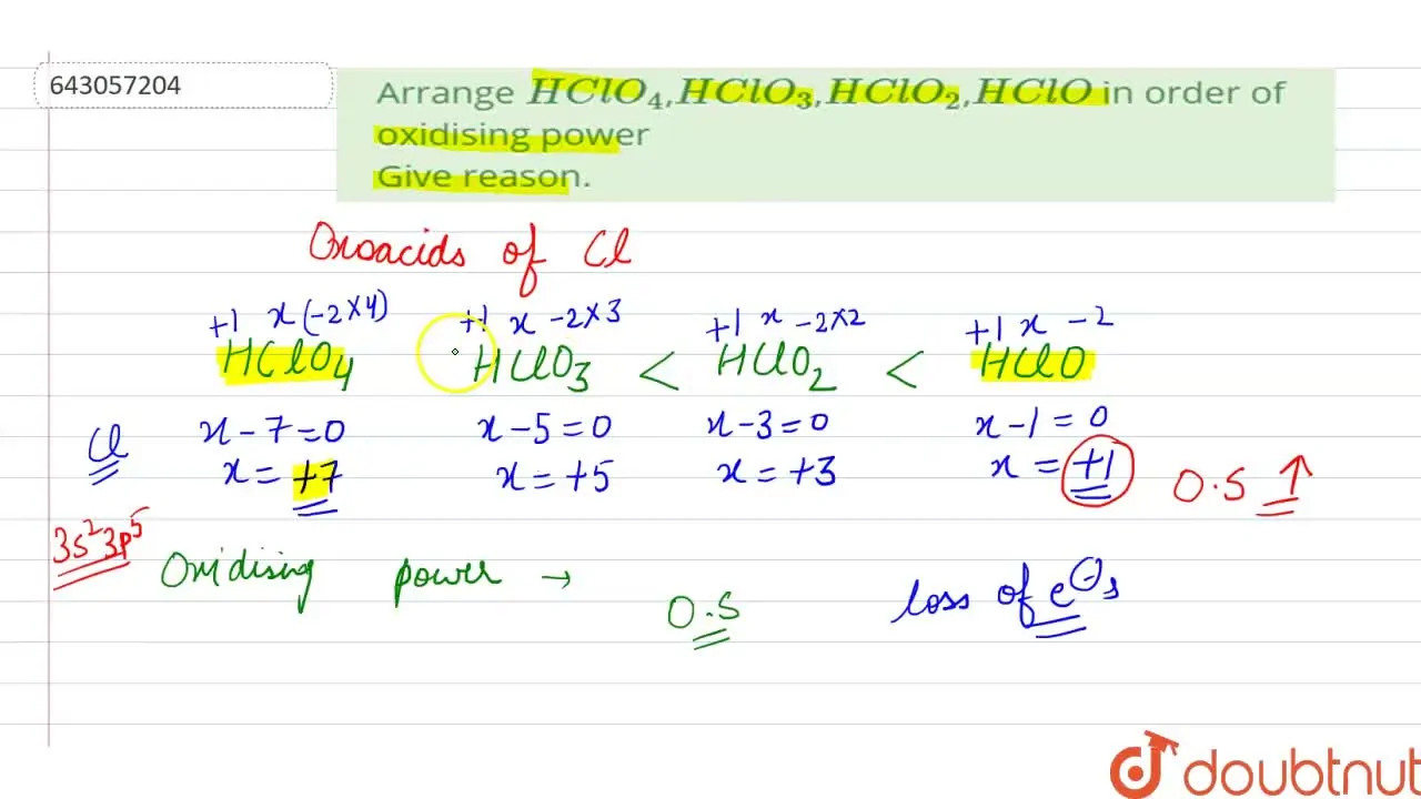 [Punjabi] Arrange HClO4,HClO3,HClO2,HClO in order of oxidising power
