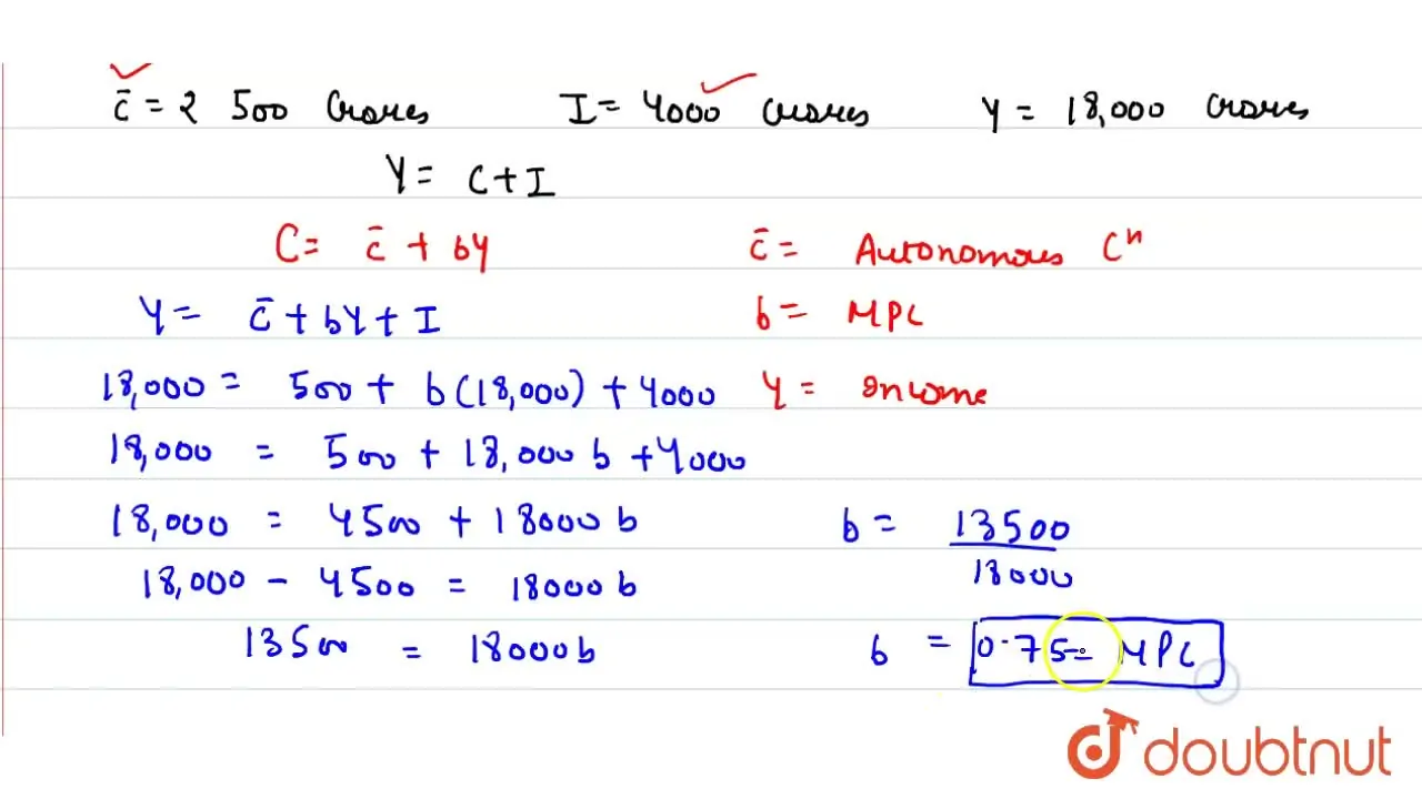 Calculate the value of Marginal Propensity to Consume (MPC), if in an