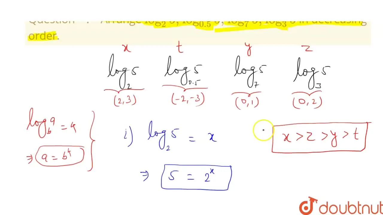 Arrange log(2) 5, log(0.5) 5, log(7) 5, log(3) 5 in decreasing order.