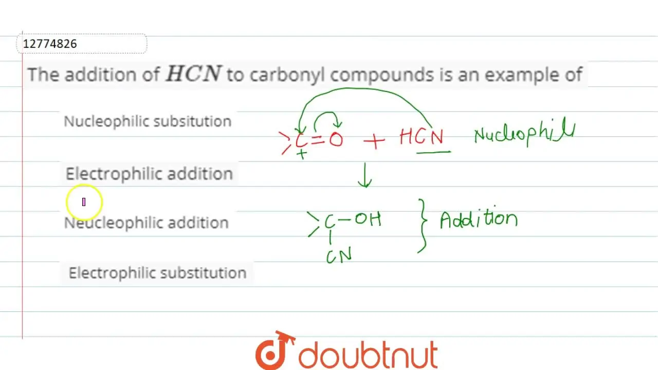 The addition of HCN to carbonyl compounds is an example of