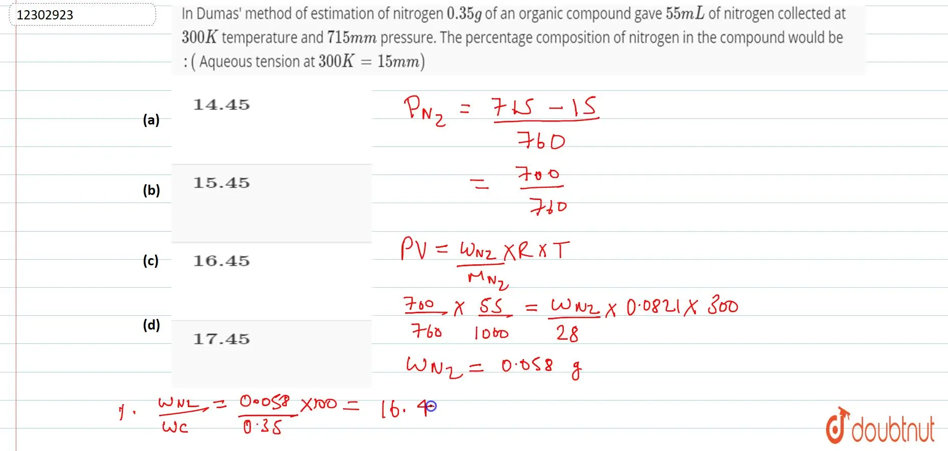 In Dumas' method of estimation of nitrogen 0.35 g of an organic compou