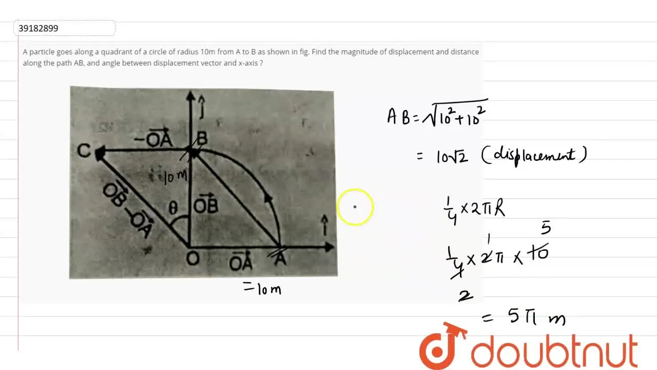 A particle goes along a quadrant of a circle of radius 10m from A to B