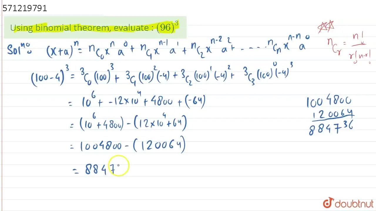 Using binomial theorem, evaluate : (96)^3