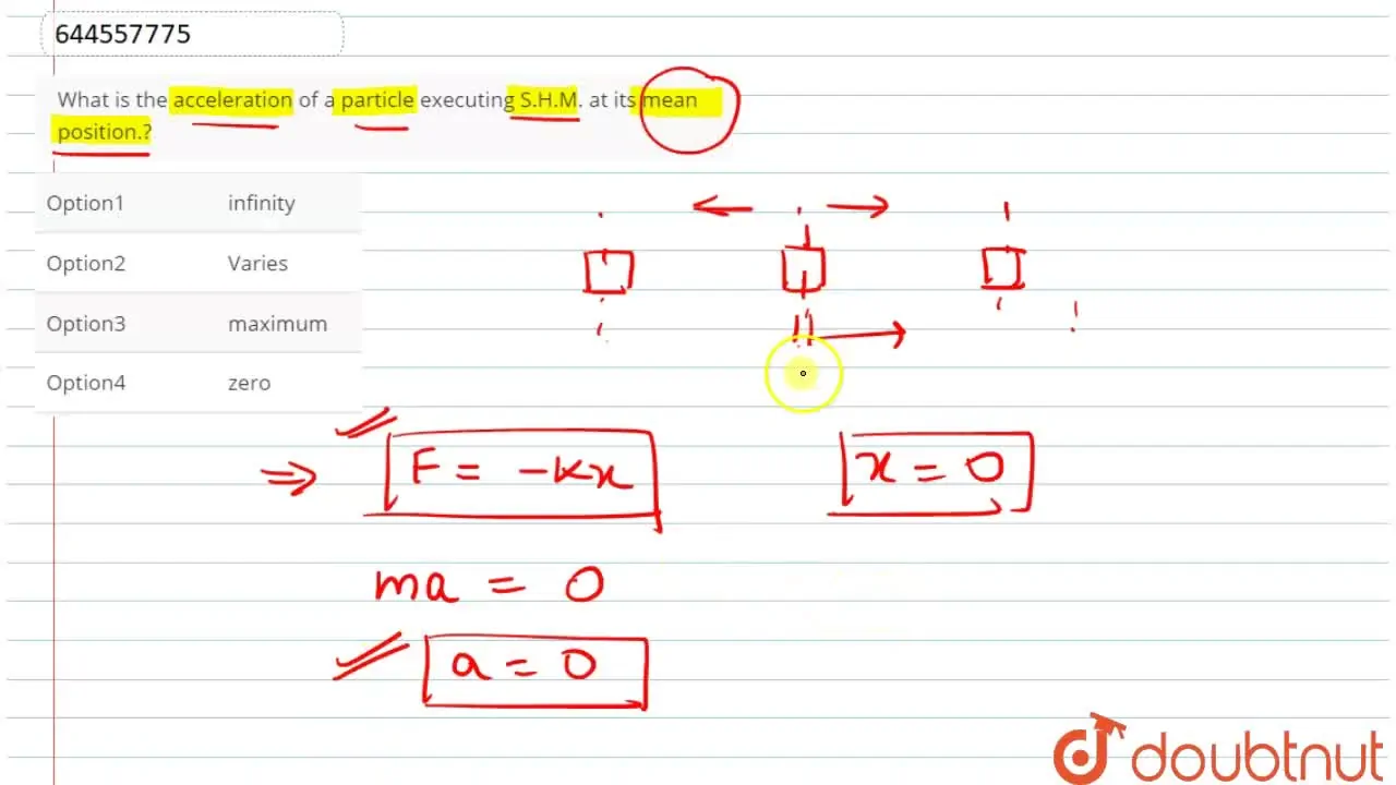 What is the acceleration of a particle executing S.H.M. at its mean po