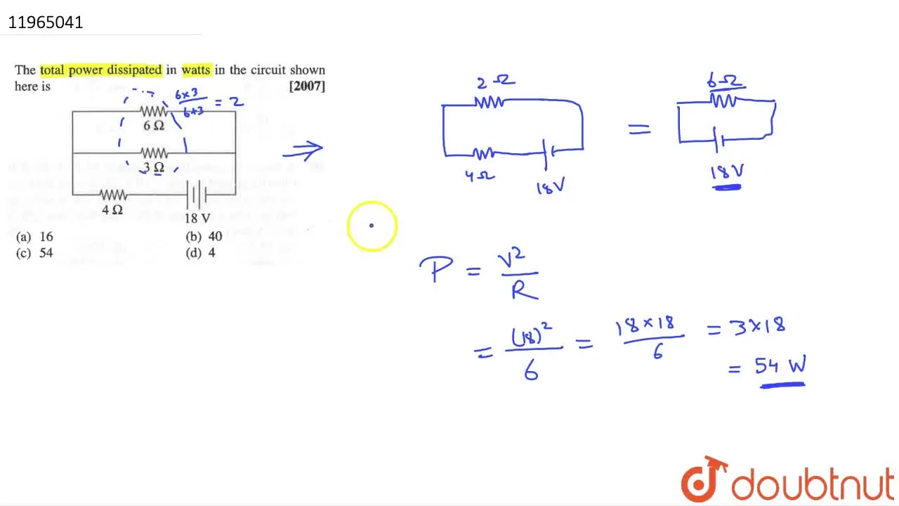 The total power dissipated in watts in the circuit shown here is
