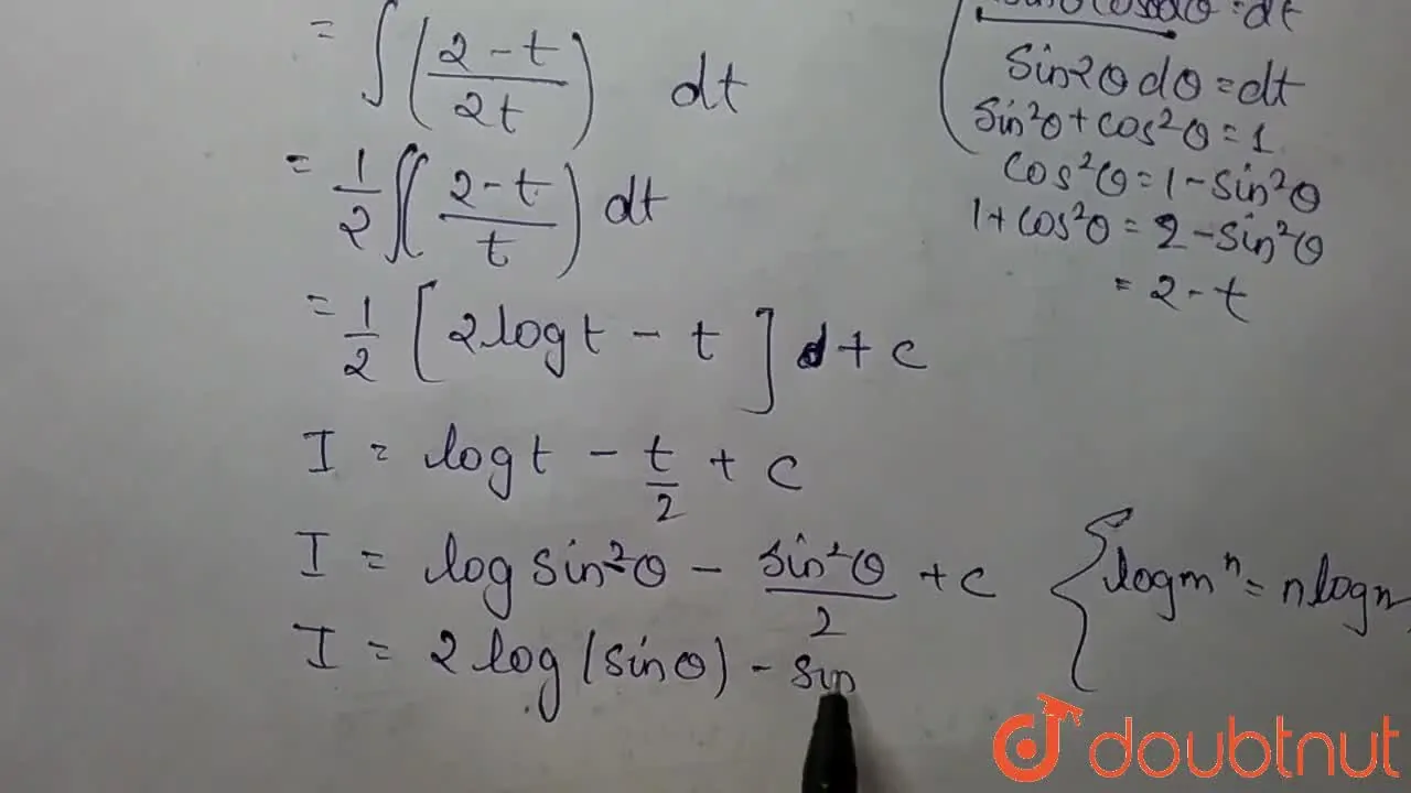 The integral I=intsin (2theta)[(1+cos^(2)theta)/(2sin^(2)theta)]d thet