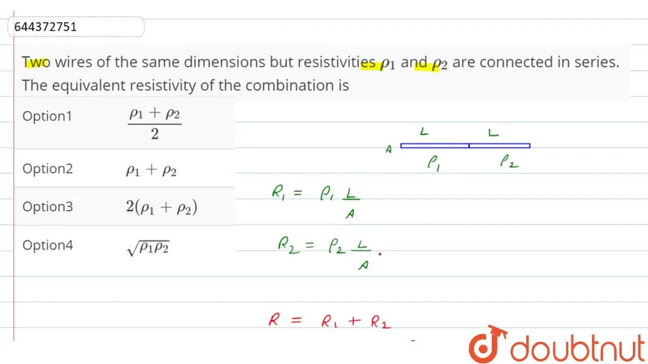 Two wires of the same dimensions but resistivities rho(1) and rho(2) a